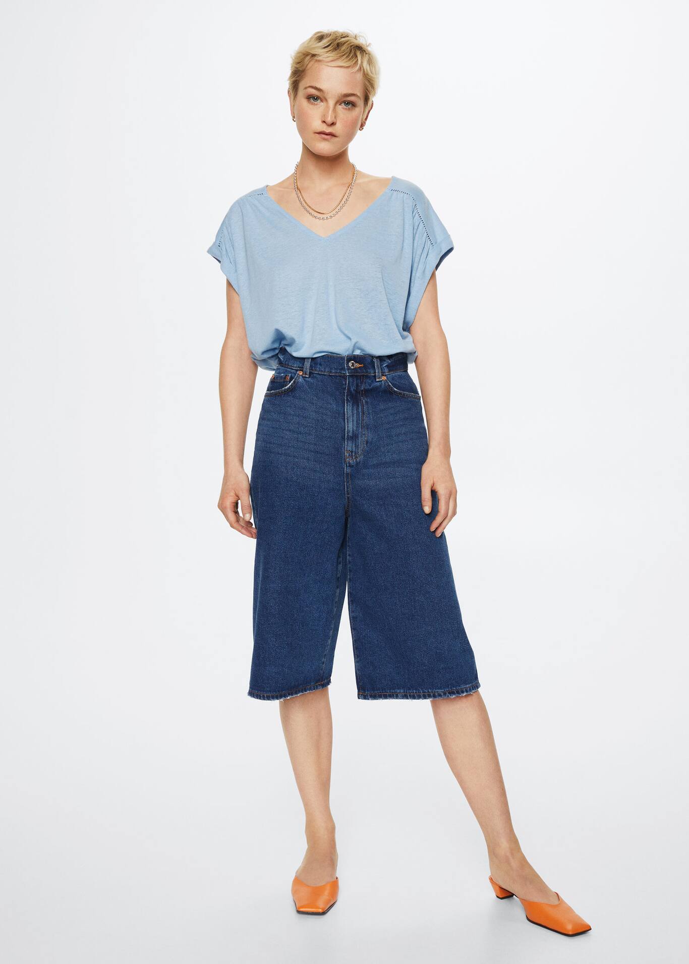 T-shirt lin col v - Femme | MANGO OUTLET France