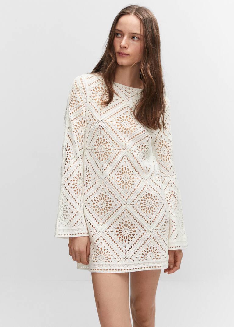 Flared Sleeve Openwork Dress Women Mango Usa