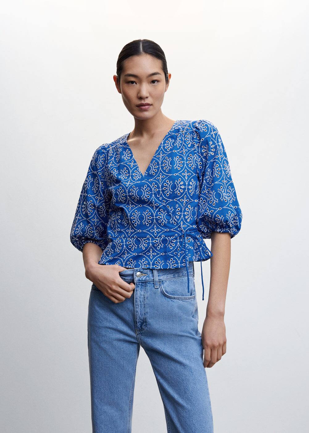 Embroidered puff-sleeve blouse - Woman | MANGO OUTLET United Kingdom