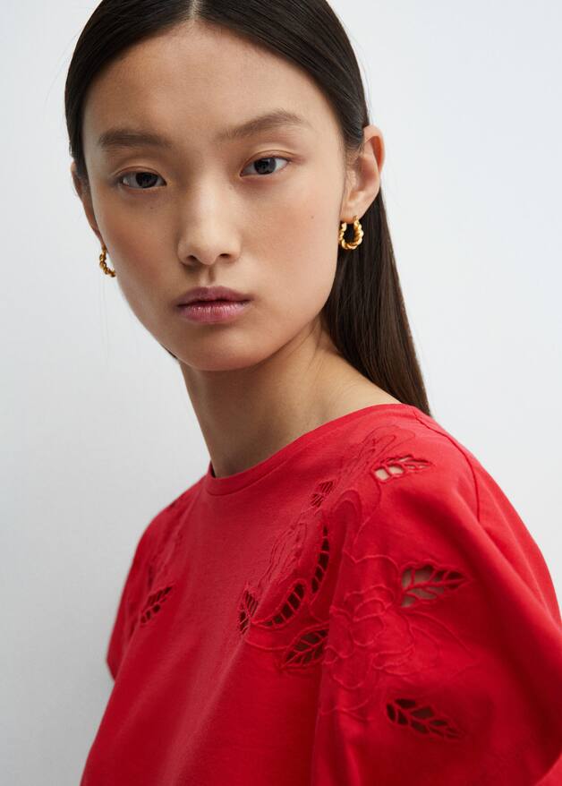 Embroidered Detail Cotton T Shirt Women Mango United Kingdom