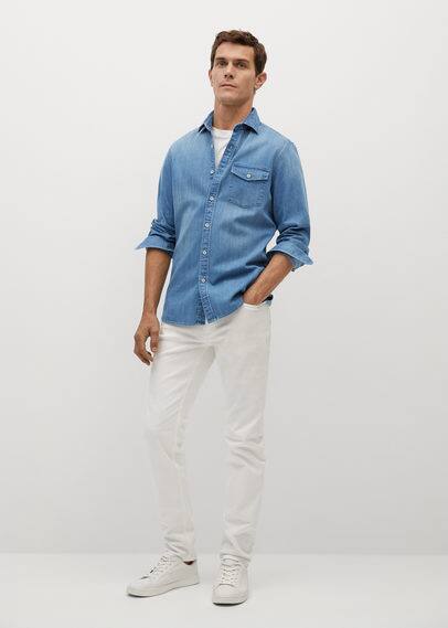 Dar kesim orta-açık yıkama kot gömlek Dar kesim orta-açık yıkama kot gömlek