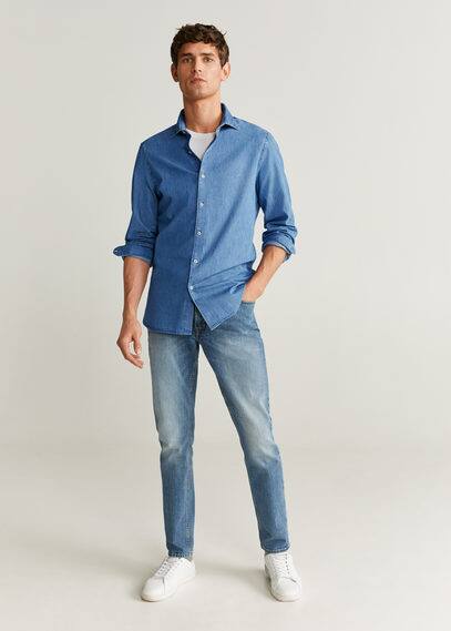 Dar kesim pamuklu şambre gömlek